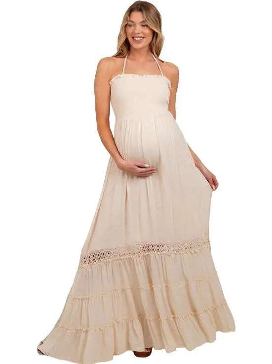 PINKBLUSH Smocked Open Back Maxi Dress - Cream