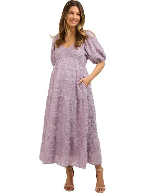 PINKBLUSH Fringe Textured Puff Sleeve Midi Dress - Lavender