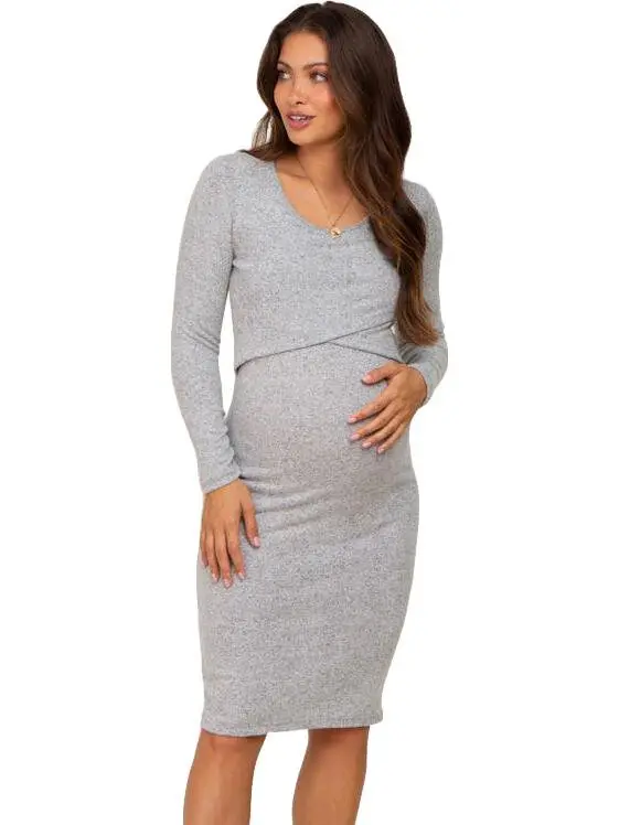 PINKBLUSH Brushed Knit Long Sleeve Wrap Nursing Dress - Heather Grey