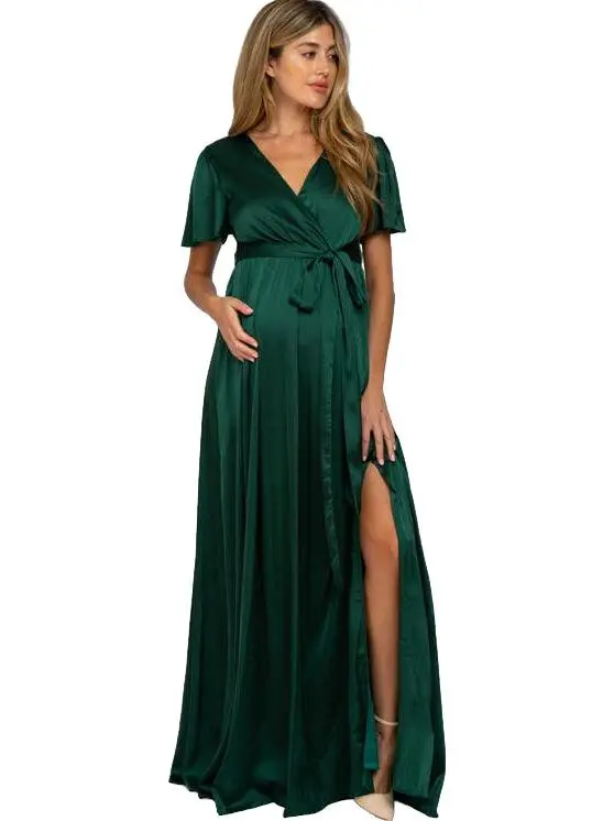 PINKBLUSH Side Slit Satin Maxi Dress - Forest Green