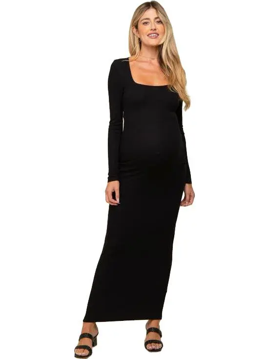 PINKBLUSH Ribbed Long Sleeve Square Neck Maxi Dress - Black