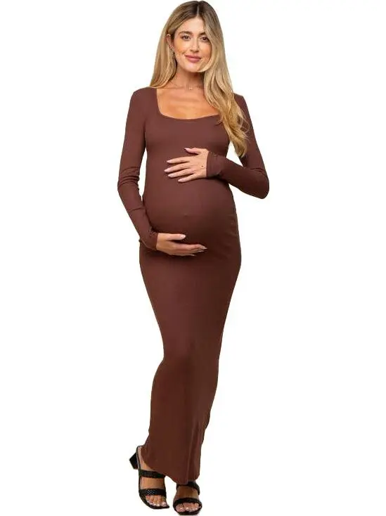 PINKBLUSH Ribbed Long Sleeve Square Neck Maxi Dress - Brown