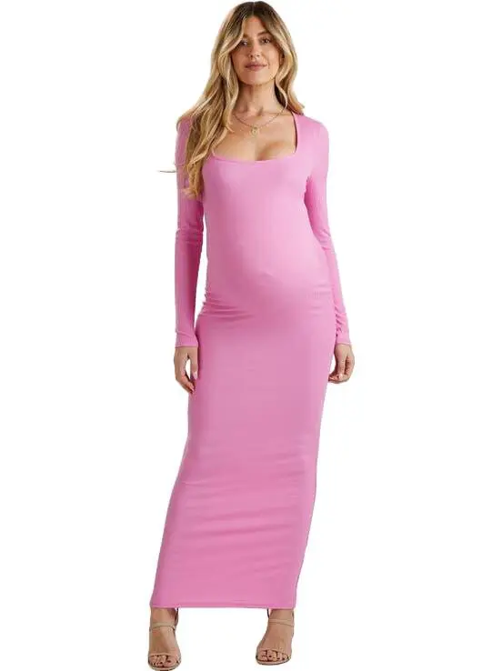 PINKBLUSH Ribbed Long Sleeve Square Neck Maxi Dress - Pink