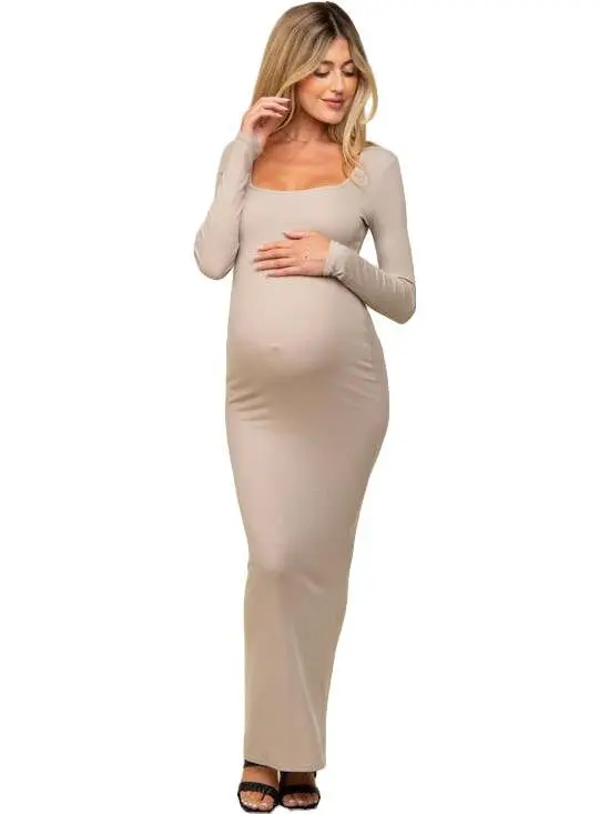 PINKBLUSH Ribbed Long Sleeve Square Neck Maxi Dress - Taupe