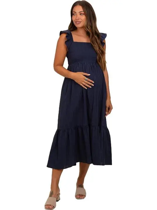 PINKBLUSH Textured Cotton Ruffle Strap Midi Dress - Navy Blue