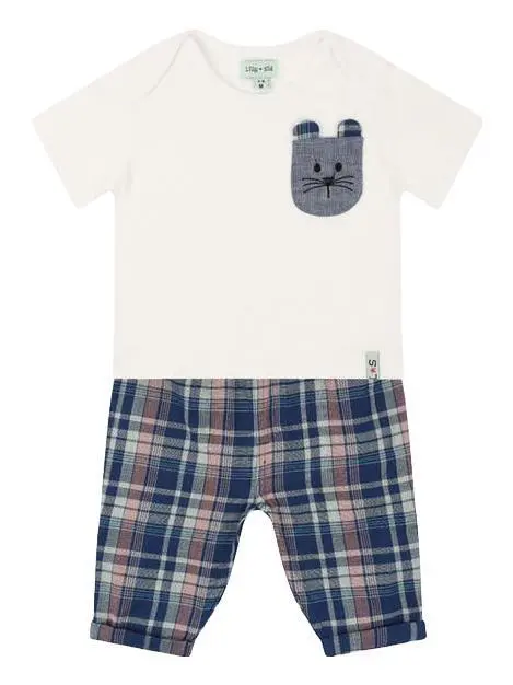 LILLY + SID Organic Cotton Check Print Top And Trouser Set - Navy
