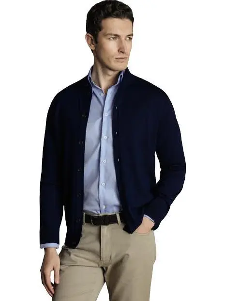 CHARLES TYRWHITT Merino Button-through Funnel Neck Cardigan - Navy