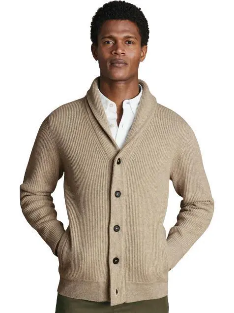 CHARLES TYRWHITT Merino Button Through Funnel Neck Cardigan - Oatmeal