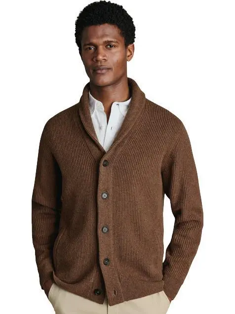 CHARLES TYRWHITT Merino Button Through Funnel Neck Cardigan - Toffee