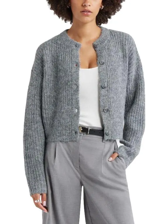OPEN EDIT Fuzzy Crewneck Cardigan - Grey Medium Heather