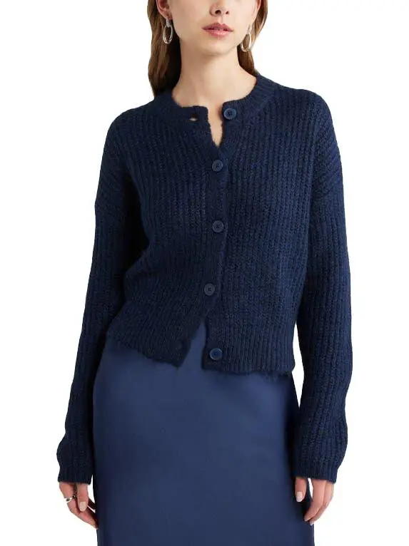 OPEN EDIT Fuzzy Crewneck Cardigan - Navy Iris