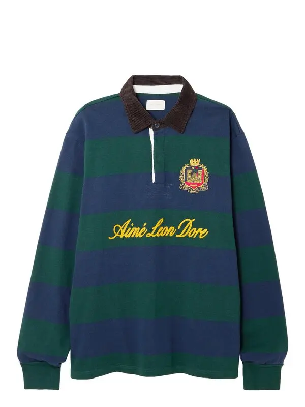 Aimé Leon Dore Script Embroidered Striped Corduroy-trimmed Cotton Rugby Shirt - Green