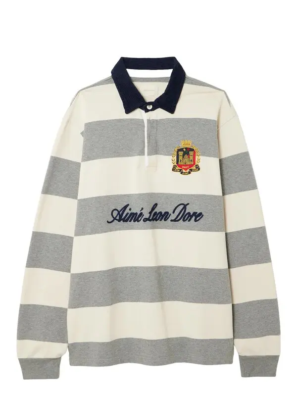 Aimé Leon Dore Script Embroidered Striped Corduroy-trimmed Cotton Rugby Shirt - Off-white