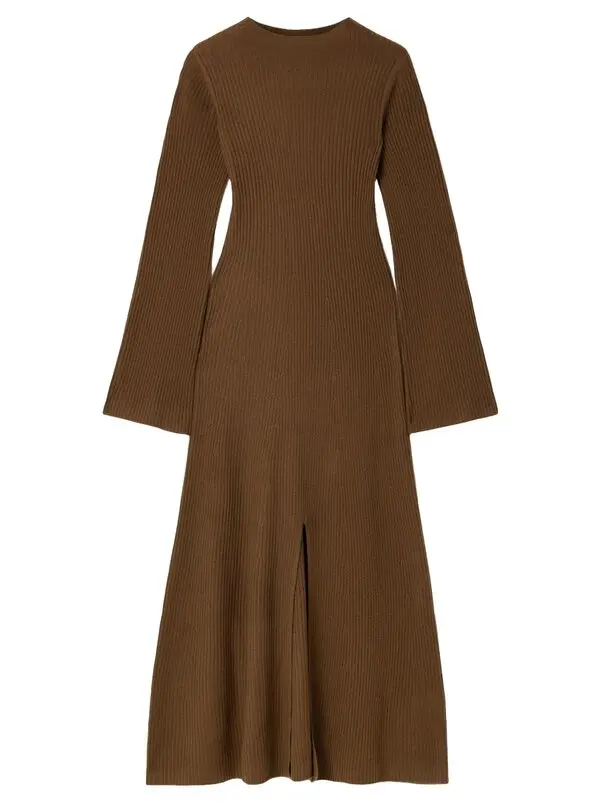 Le Kasha Logan Ribbed Organic Cashmere Midi Dress - Brown