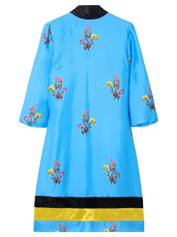 Marni Floral-print Silk-twill Mini Dress With Velvet Trim - Blue