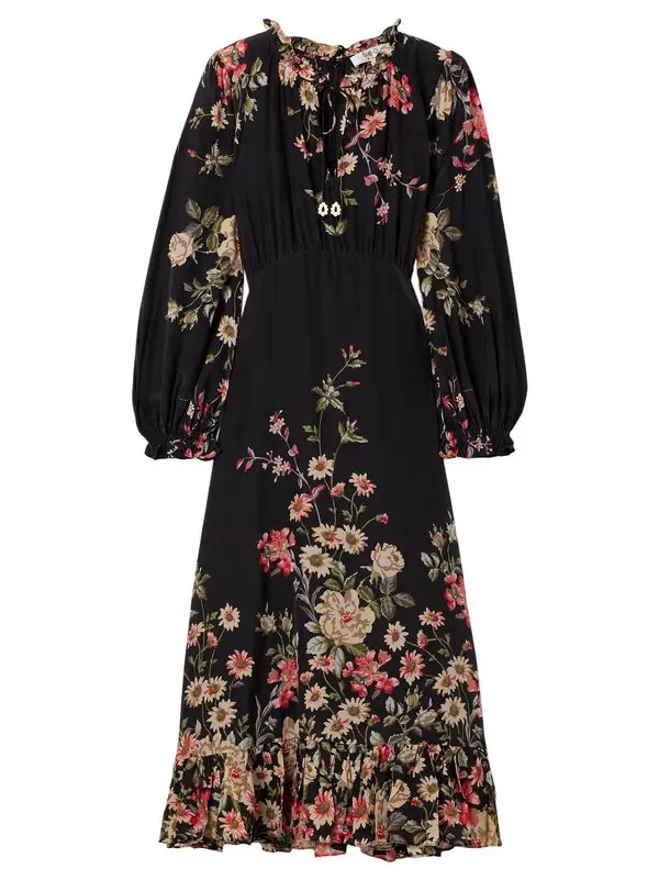 Sea Jolie Ruffled Floral-print Crepe De Chine Midi Dress - Black