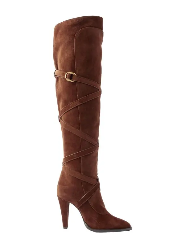 Saint Laurent Janis Embellished Over-the-knee Suede Boots - Brown