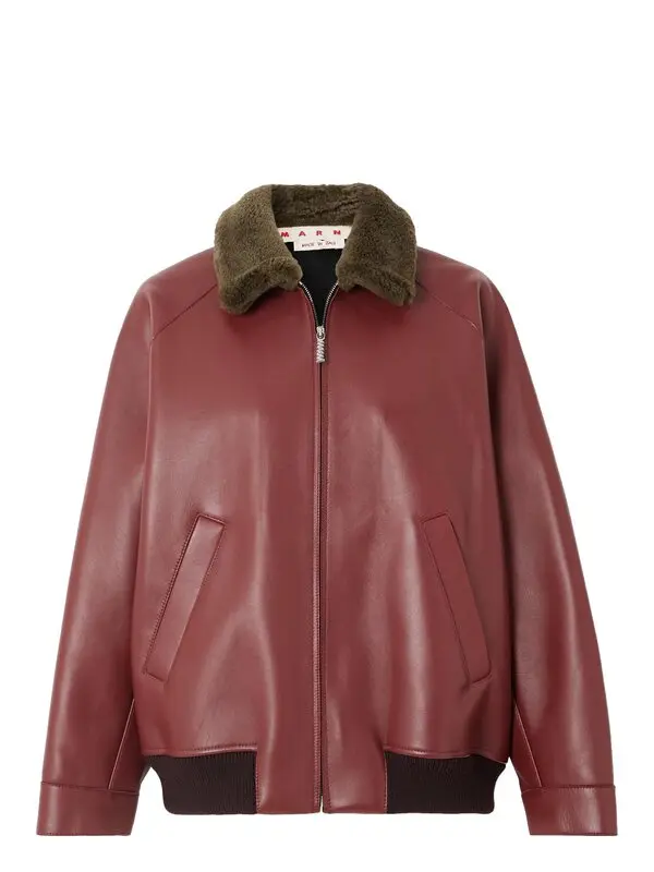 Marni Shearling-trimmed Leather Bomber Jacket - Burgundy