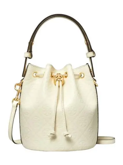 Tory Burch T Monogram Leather Mini Bucket Bag - Light Cream