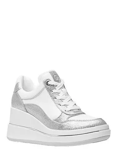 Michael Kors Emmy Glitter Embellished Leather Wedge Trainer - Silver