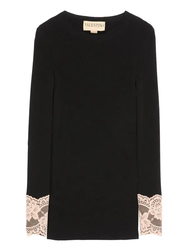Valentino Garavani Cashmere And Lace Long Sleeve Sweater - Black
