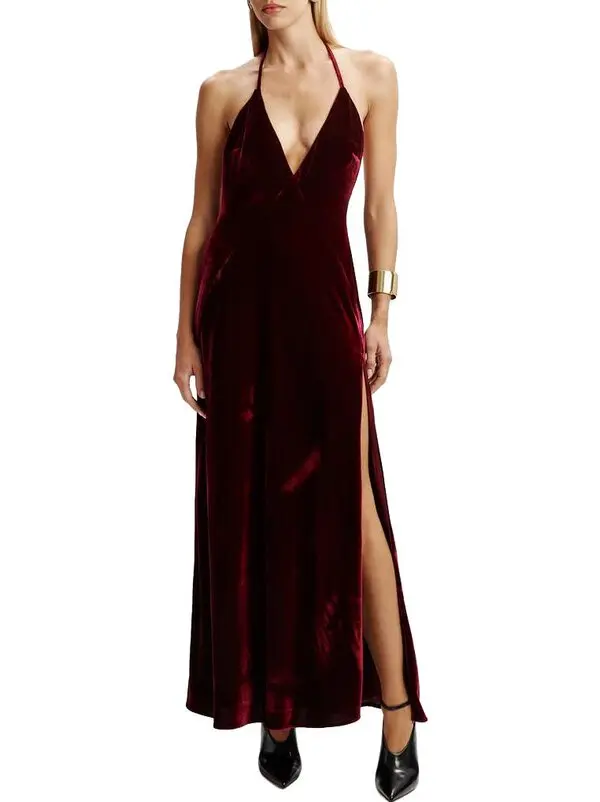 Bardot Yve Velvet Halter Dress - Burgundy
