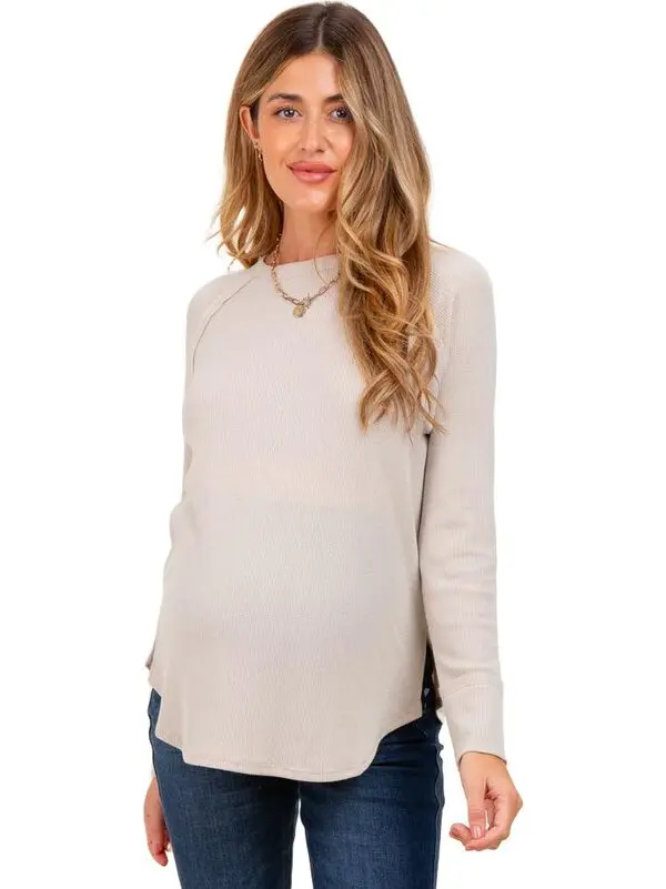 PINKBLUSH Waffle Knit Long Sleeve Top - Beige