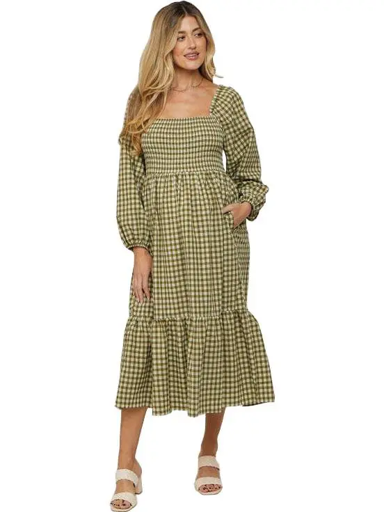 PINKBLUSH Gingham Long Sleeve Maternity Midi Dress - Olive Green