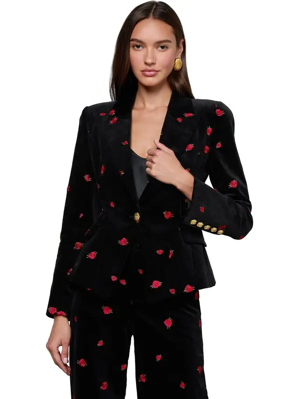 L'Agence Kaisley Velvet Blazer - Black/red Rose Embroidery