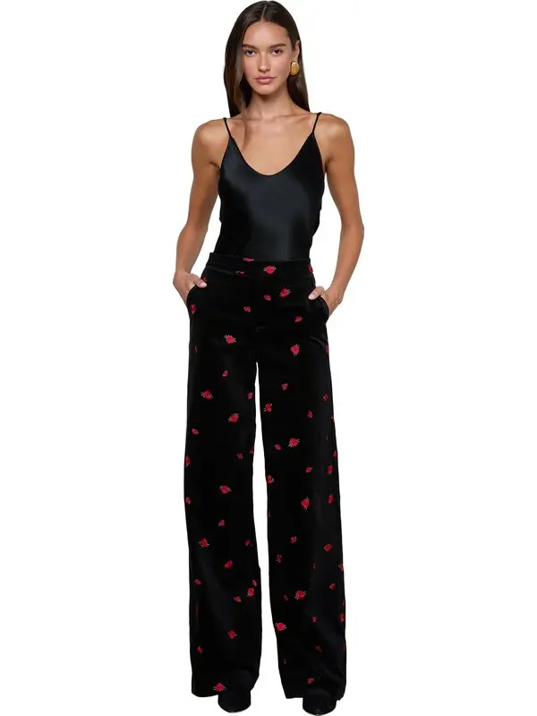 L'Agence Livvy Velvet Trouser - Black/red Rose Embroidery