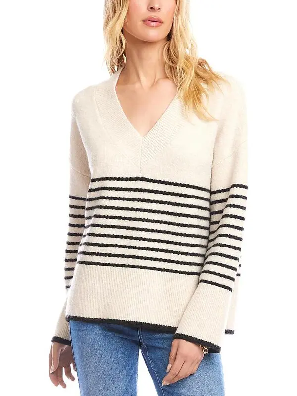 Karen Kane Striped V-neck Sweater - Eggshell/ Black
