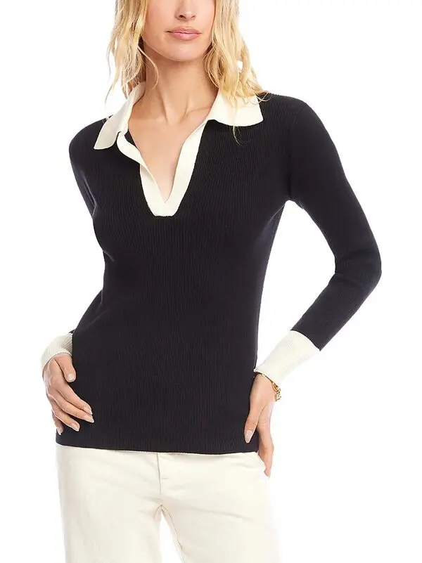 Karen Kane Collared Ribbed Sweater - Black