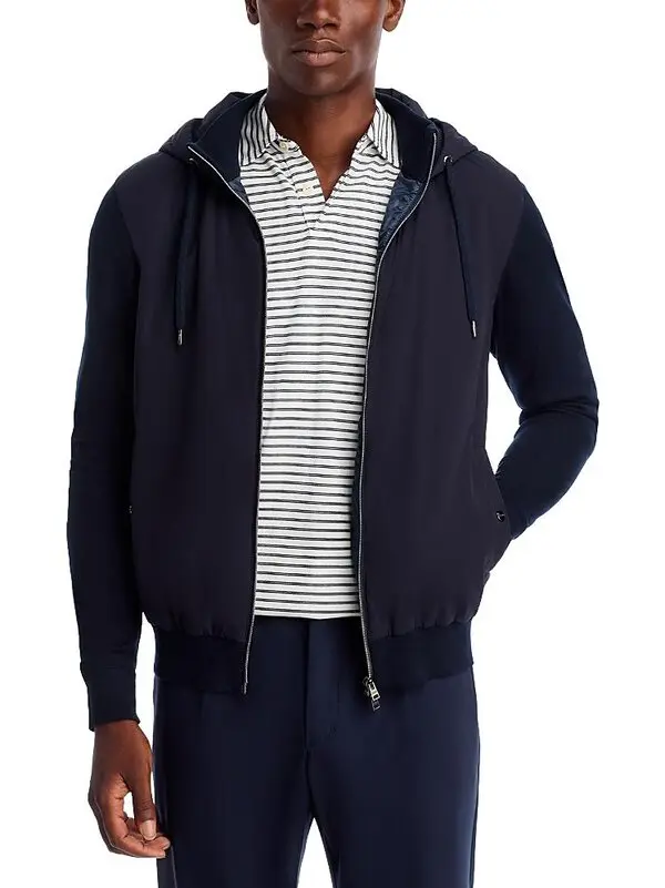Herno Stockinette Cotton & Travel Nylon Stretch Hooded Cardigan - Blue Navy