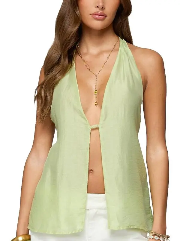 EDIKTED Silky Look Split Front Halter Top - Sage