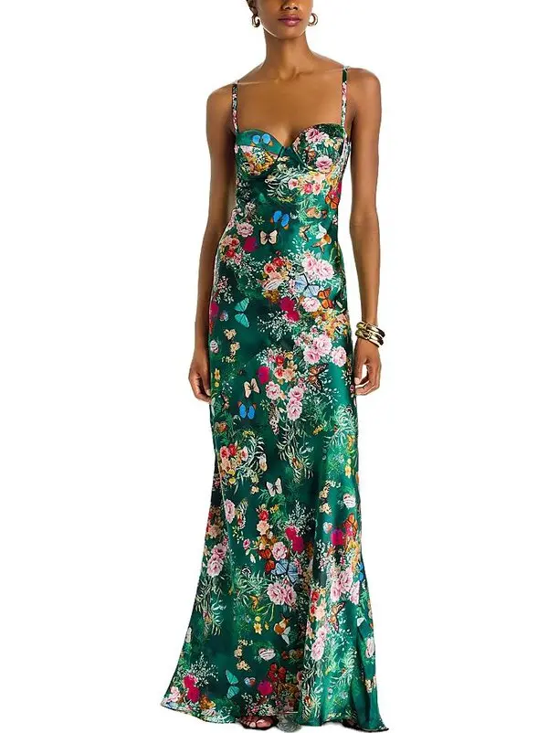 L'Agence Sayla Silk Maxi Dress - Bottle Green Butterfly