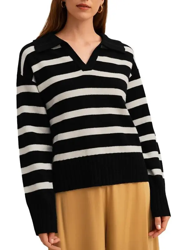 Lilysilk Gilly Stripe Wool Knit Sweater - Black White Stripes