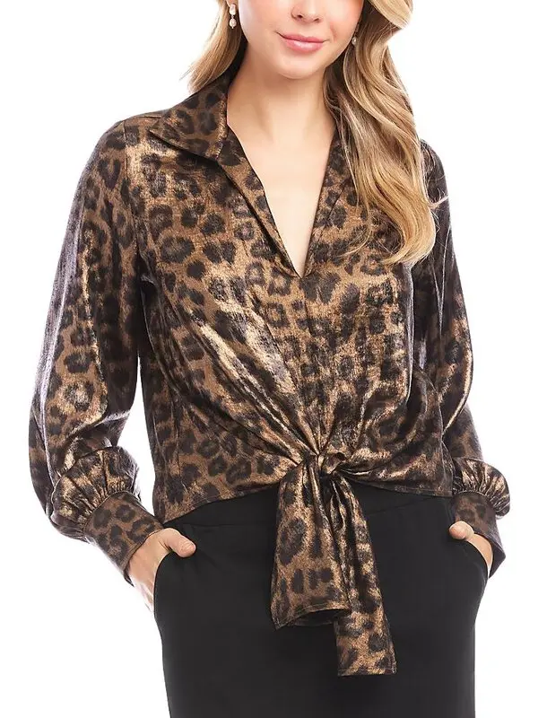 Karen Kane Long Sleeve Tie Front Top - Leopard