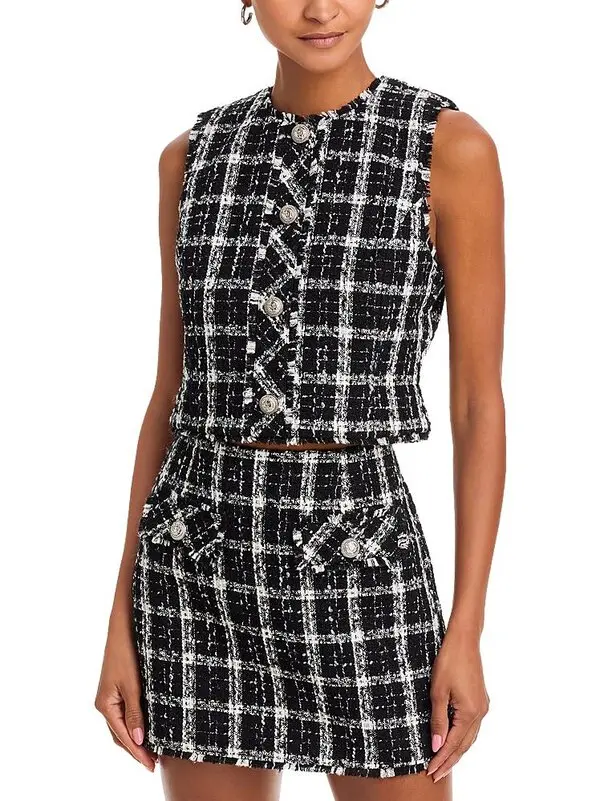 French Connection Windowpane Tweed Crop Top - Black/white