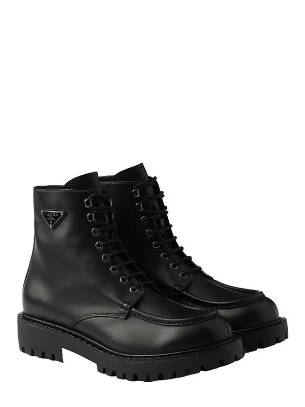 Prada Lace-up Leather Booties - Black