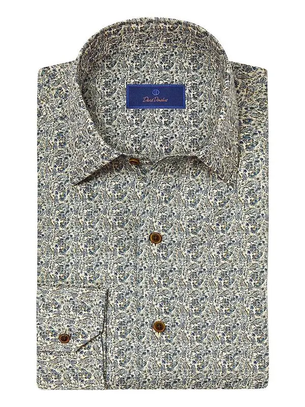David Donahue Printed Sport Shirt - Sage/ Blue