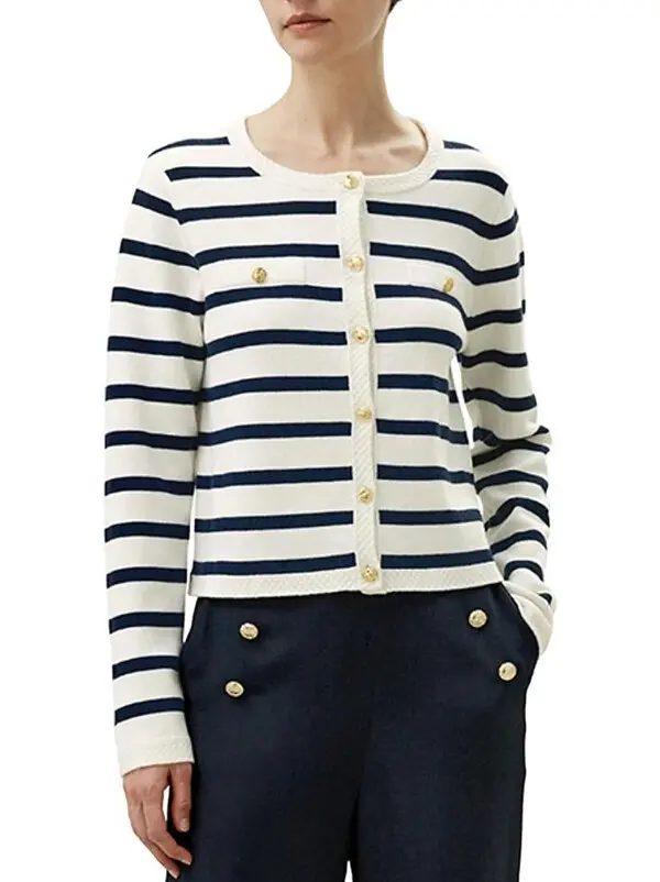 Lilysilk Gariana Striped Wool Cardigan - Navy Blue And White Stripes