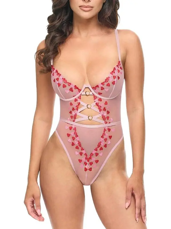 OH LA LA CHERI Sheer Heart Embroidered Teddy Bodysuit - Love Hearts Embroidery/crystal