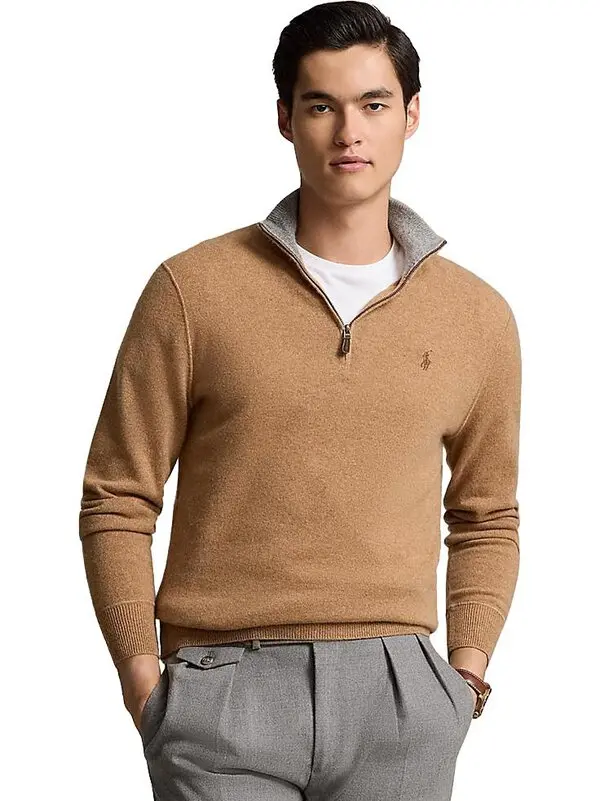 Polo Ralph Lauren Cashmere Quarter Zip Mock Neck Sweater - Brown Heather