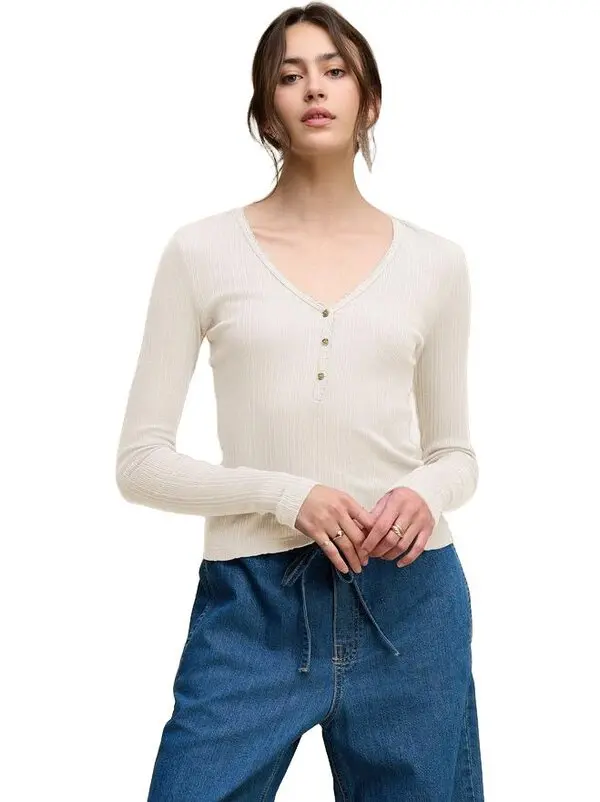 Velvet By Graham & Spencer Winona Pointelle Henley - Neutral / White