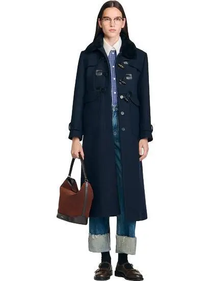 Sandro Long Coat With Removable Shearling Collar - Blue / Navy