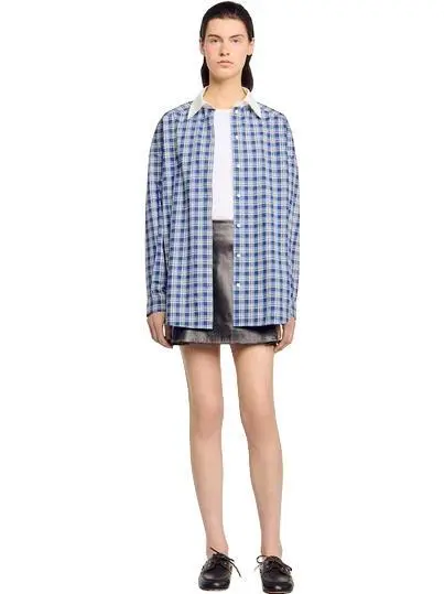 Sandro Oversized Checkered Shirt With Rhinestone Embellishments - Blue / Navy