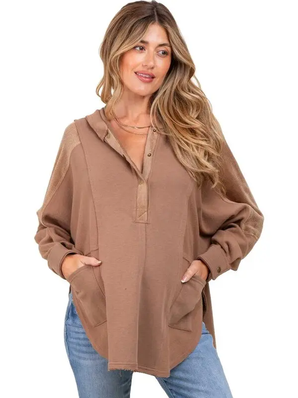 PINKBLUSH Corduroy Contrast Oversized Hoodie - Mocha