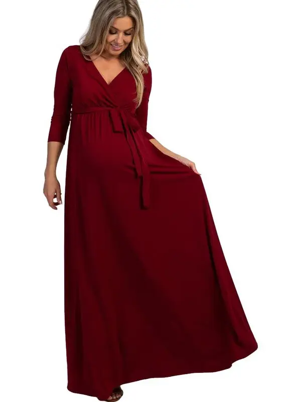 PINKBLUSH Draped 3/4 Sleeve Maternity Maxi Dress - Burgundy