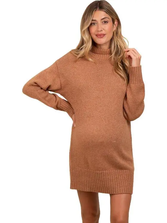PINKBLUSH Maternity Turtle Neck Mini Sweater Dress - Camel