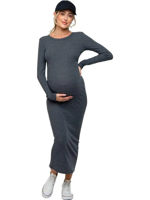 PINKBLUSH Ribbed Fitted Long Sleeve Midi Dress - Charcoal Grey